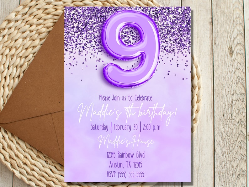 Purple Glitter 9th Birthday Invitation: Editable Canva Template ...