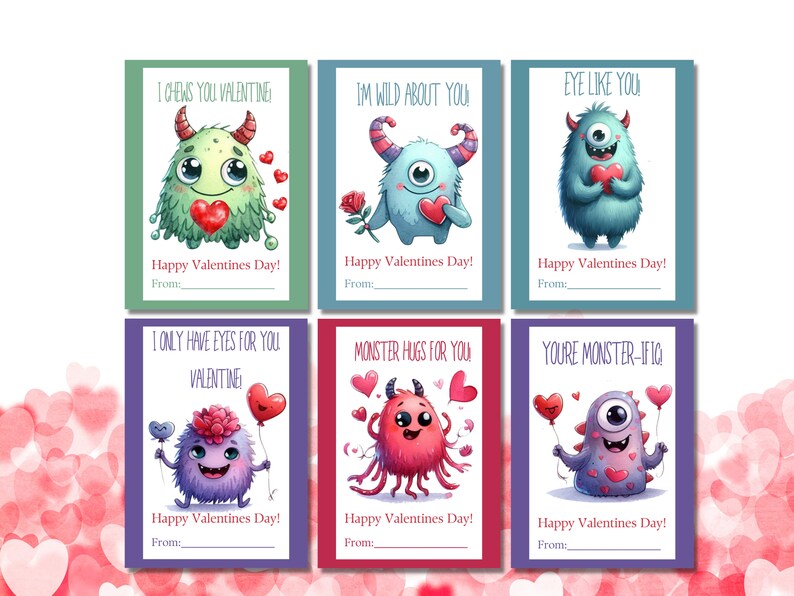 Monster Valentines Day Cards: Kids Classroom Set (printable) - Etsy