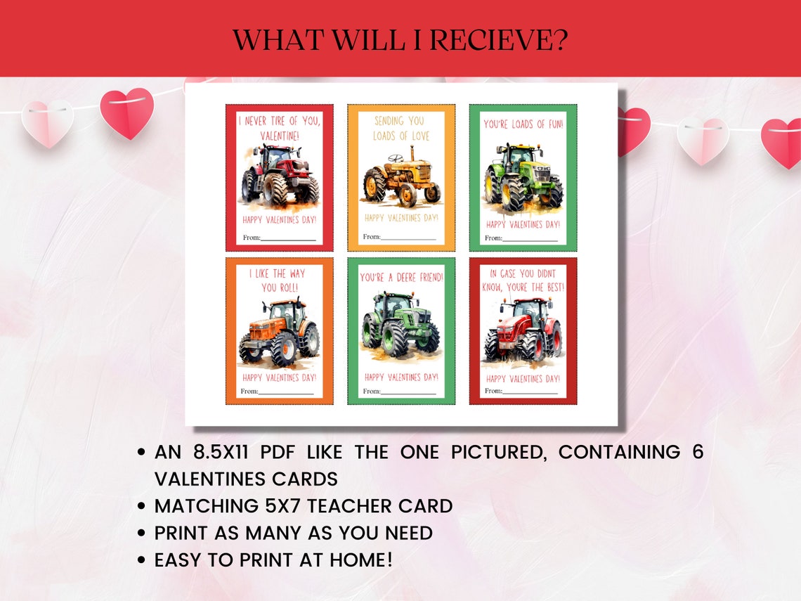 Tractor Valentine Cards: Classroom Valentines Day Card Set (printable ...