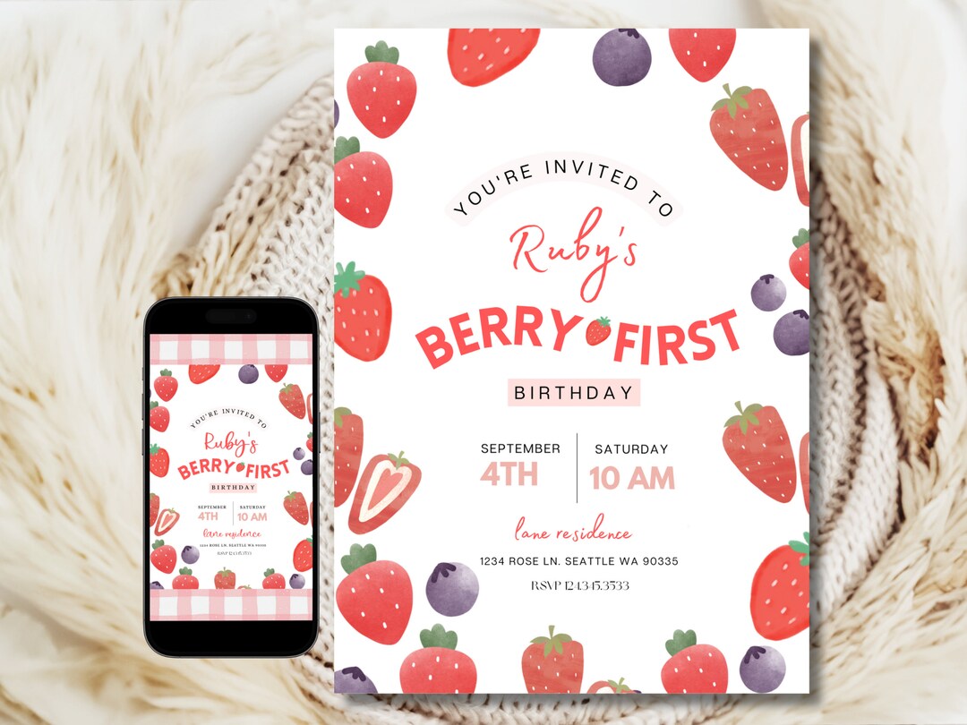 Strawberry First Birthday Invitation: Berry Party Invite (digital ...