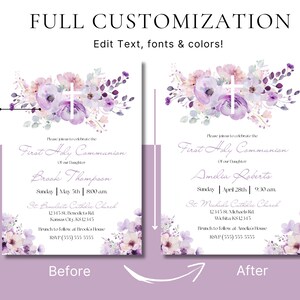 Purple Floral First Holy Communion Invitation: Canva Template (digital ...