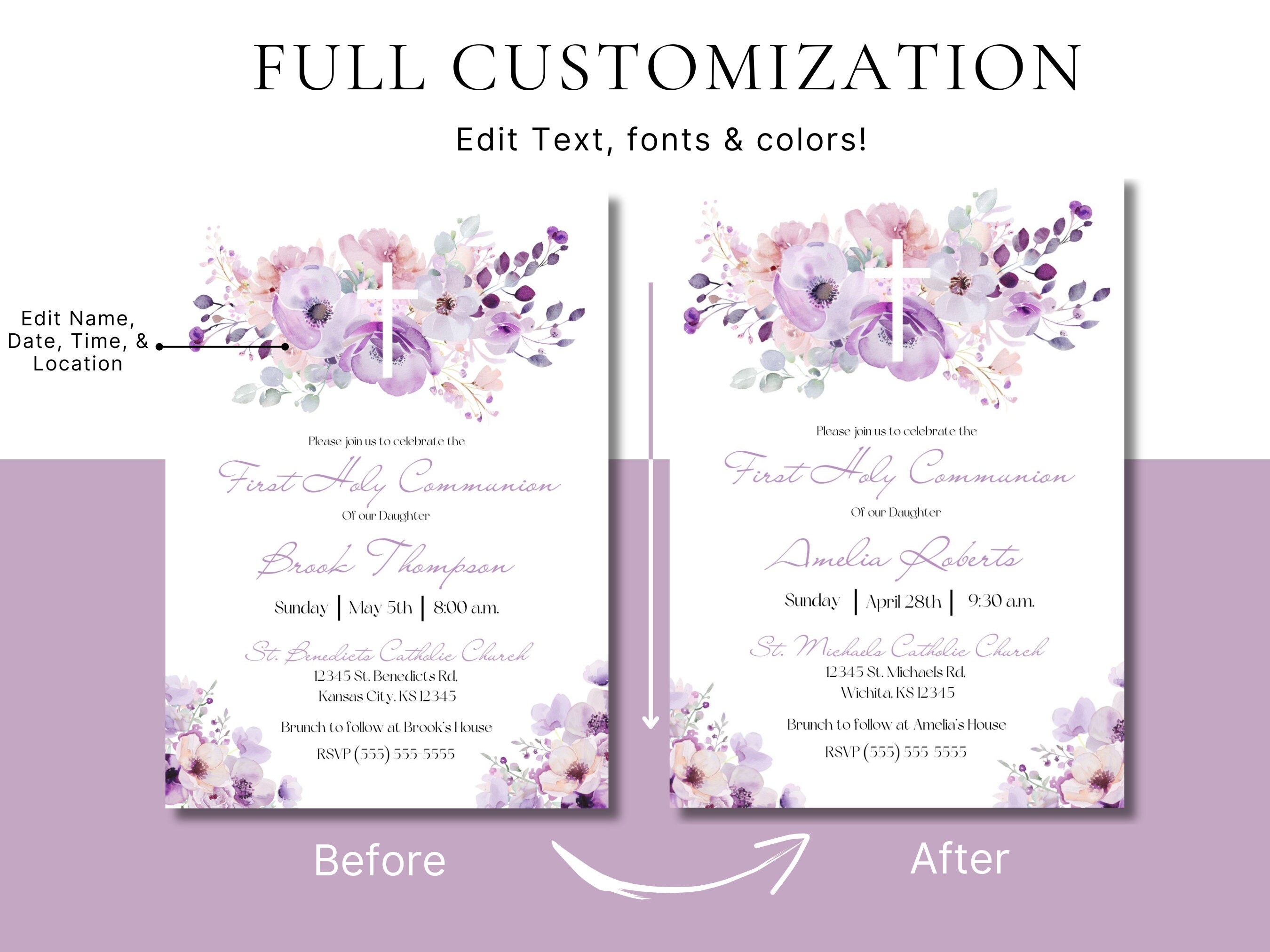 Purple Floral First Holy Communion Invitation: Canva Template (digital ...