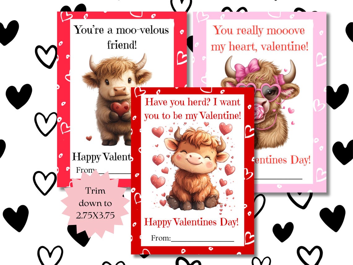 Highland Cow Valentine's Day Cards: Kids Classroom Valentines (PDF) - Etsy