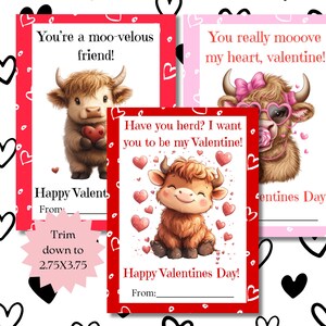 Highland Cow Valentine's Day Cards: Kids Classroom Valentines (PDF) - Etsy