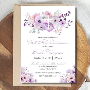 Purple Floral First Holy Communion Invitation: Canva Template (digital ...