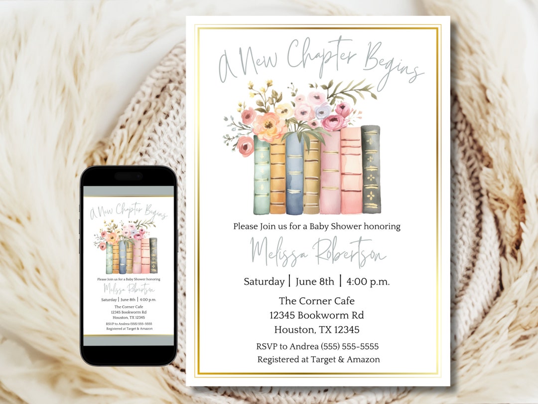 A New Chapter Baby Shower Invite, A New Chapter Begins Baby Shower Invitation, Book Theme Baby ...