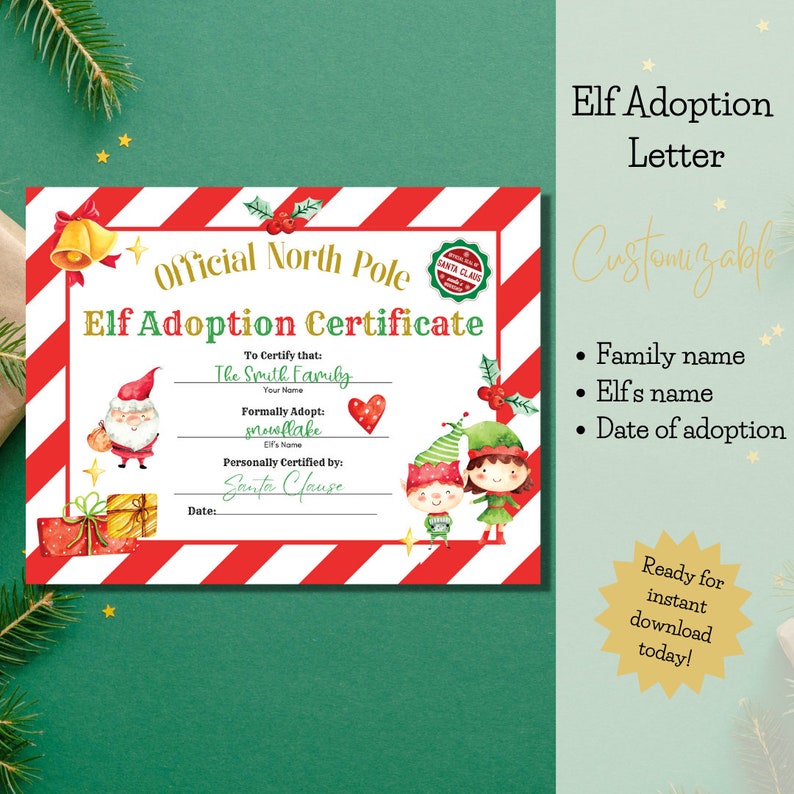 Editable Elf Adoption Certificate: Personalized Letter From Santa (PDF ...