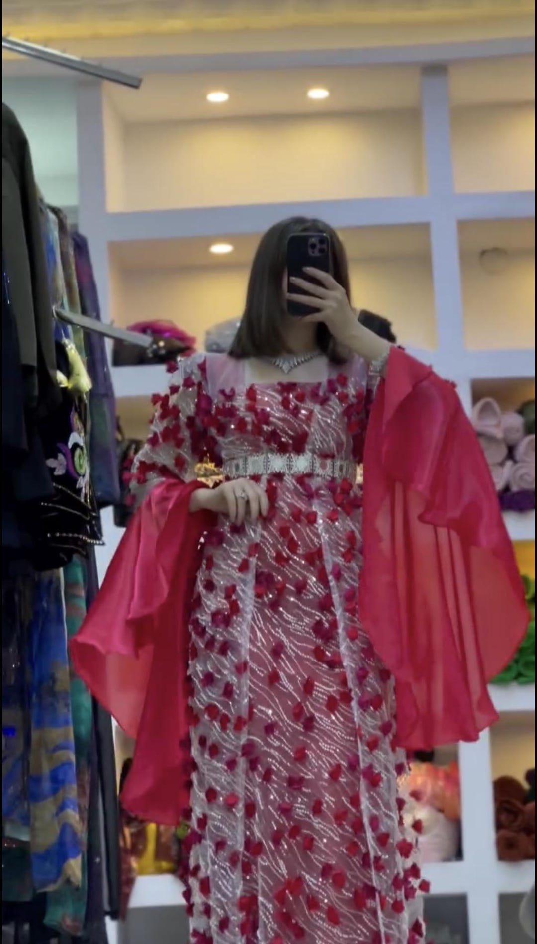 Custom Made Kurdish Dress – Pink Red 3D Floral Kaftan Abaya, Sparkly ...