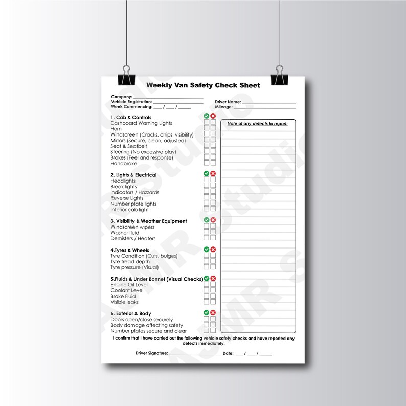 Weekly Van Safety Check Sheet, Printable Vehicle Inspection Form (PDF ...