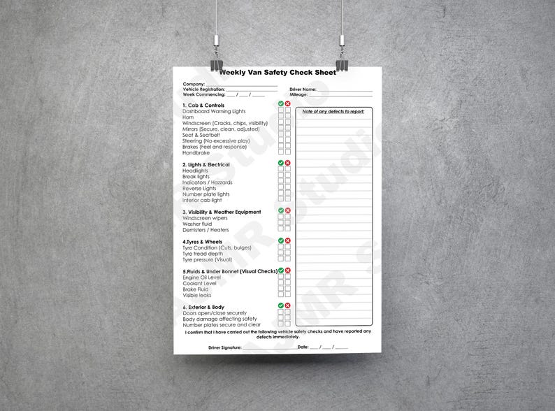Weekly Van Check Sheets / Form Digital Download. Print at Home or ...