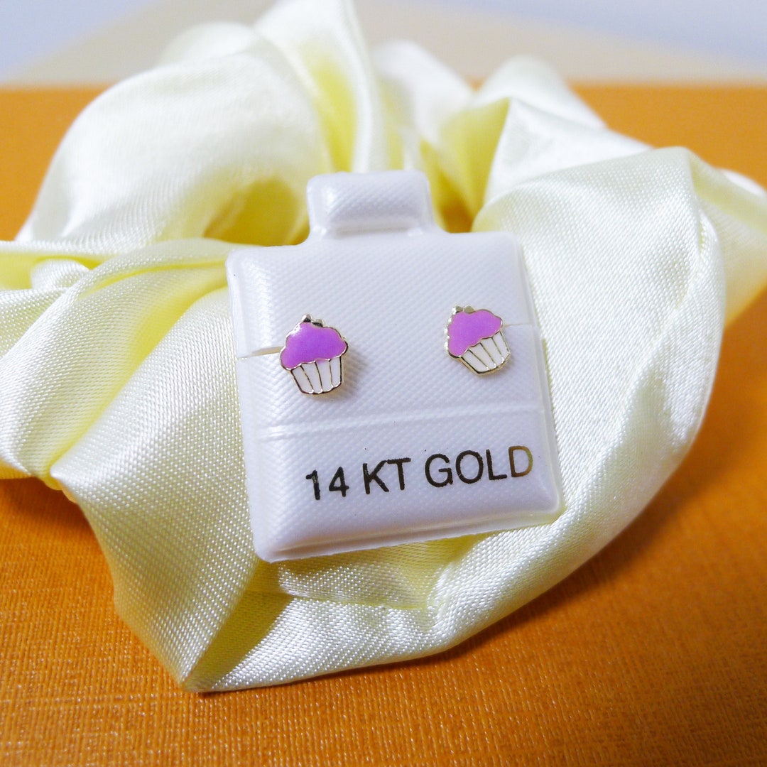 Dainty Earrings for Kid Cute Cupcake Mini Stud Gold Girl First Gold ...