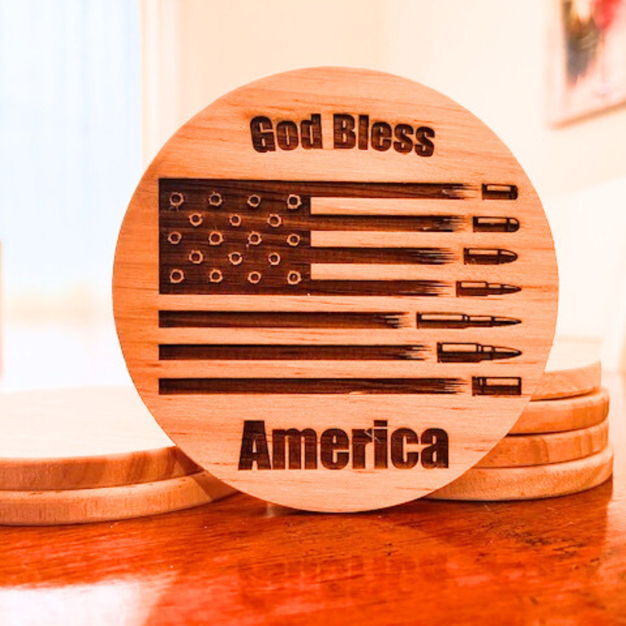God Bless America American Flag Bullet Coaster Wooden Etsy