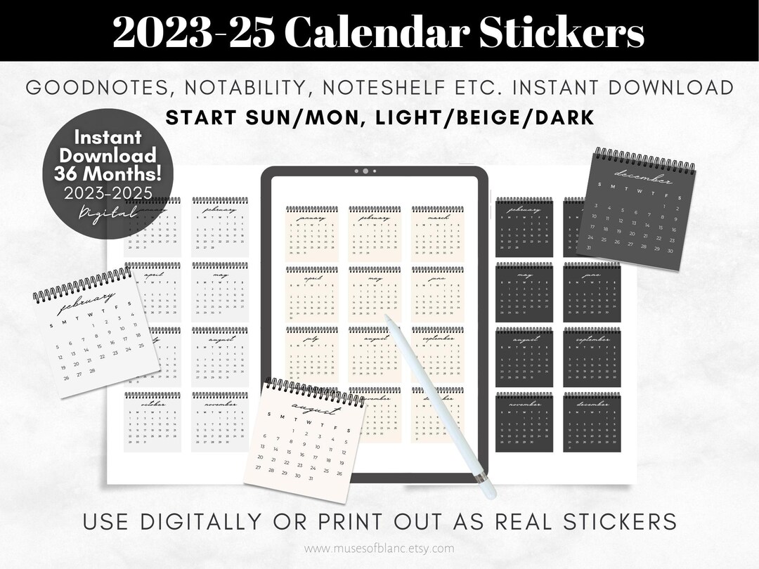 Monthly Calendar Digital Stickers 2023 2024 2025 Mini - Etsy