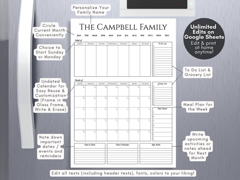 Editable Family Command Center Printable Google Sheets - Etsy