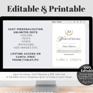 Editable Years of Service Award Certificate, Employee Work Anniversary ...