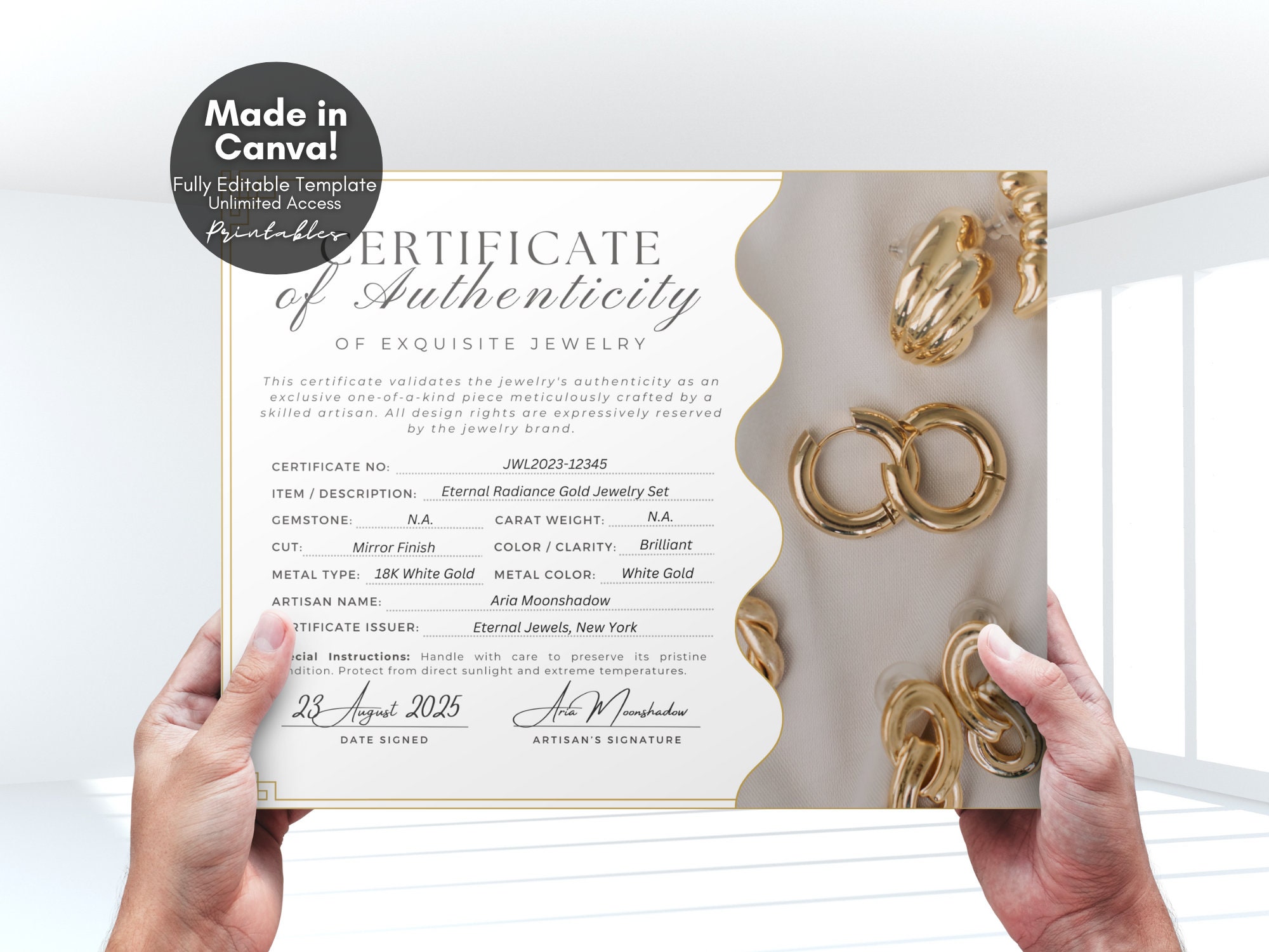 Editable Certificate of Authenticity for Jewelry Template, Printable ...