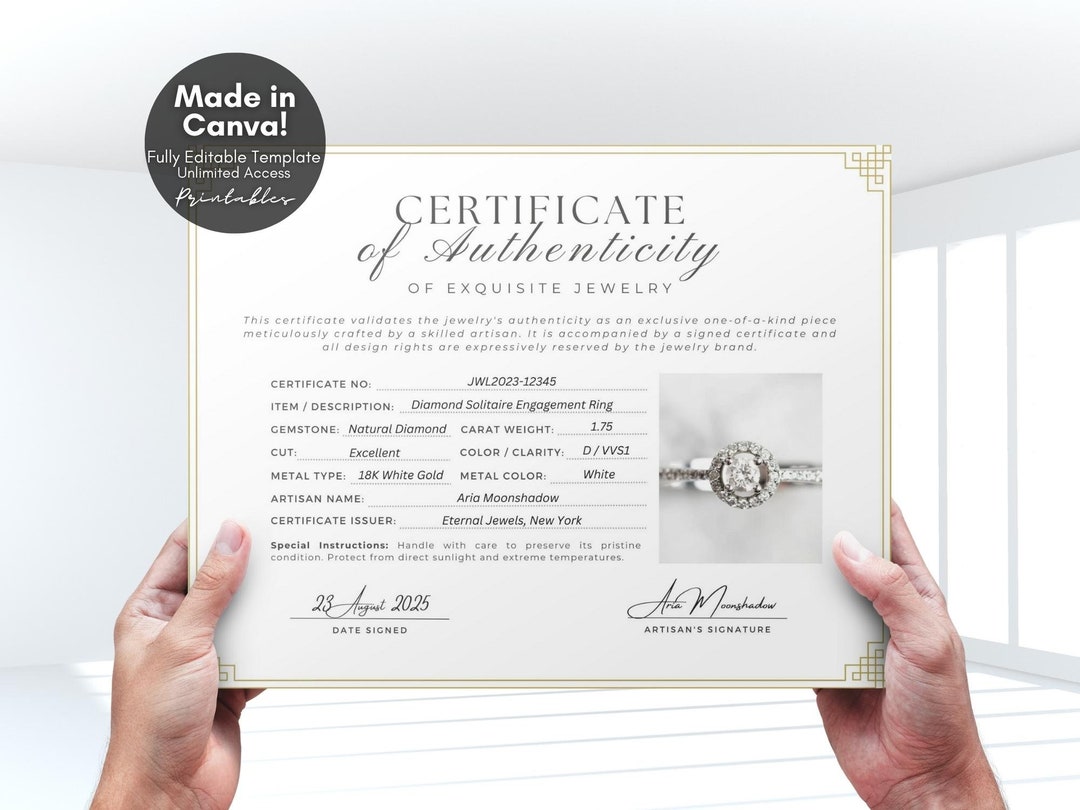 Editable Certificate of Authenticity for Jewelry Template, Printable ...