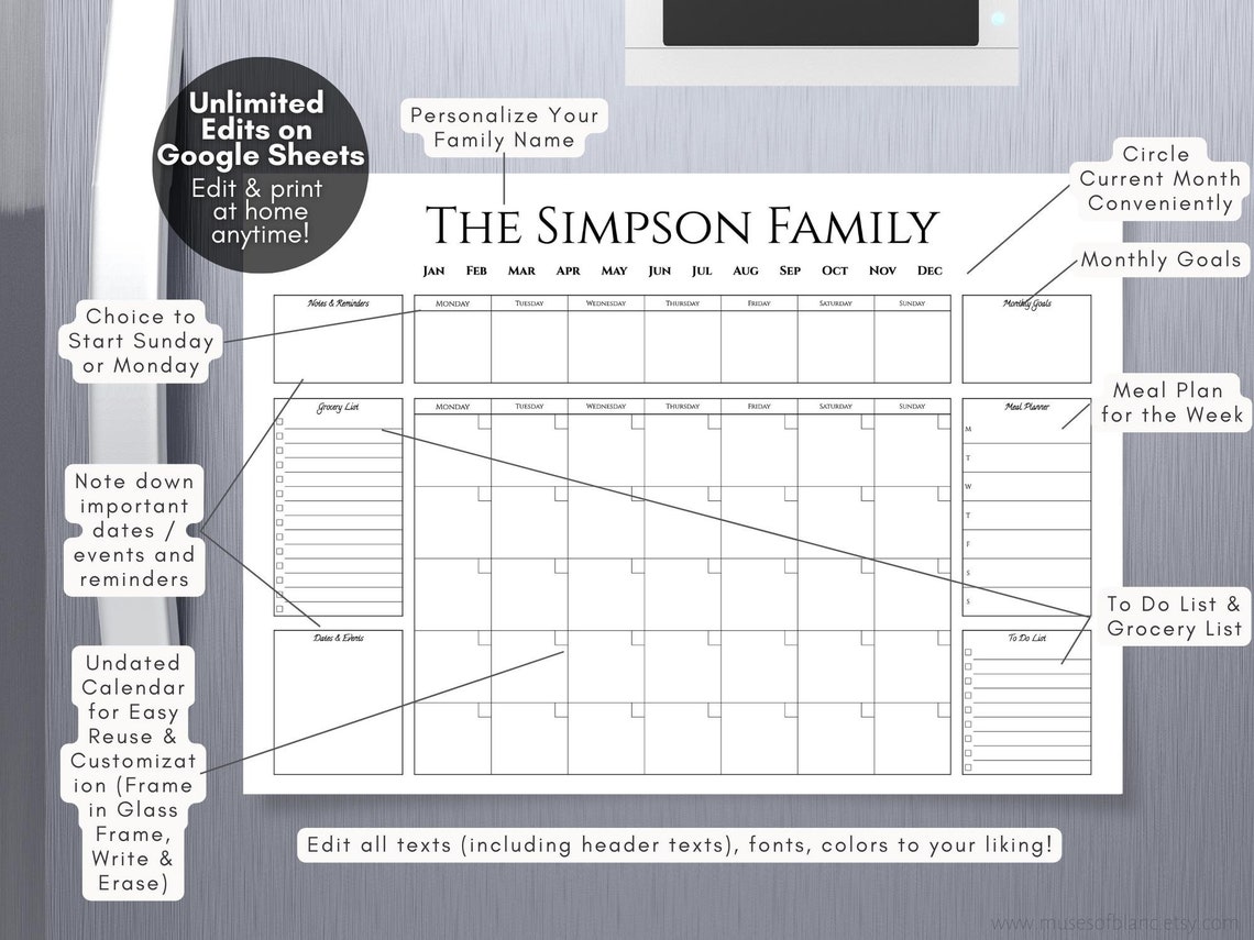 Editable Family Command Center, Custom Family Organizer Undated ...