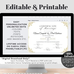 Editable Marriage Certificate Template, Printable Certificate of ...