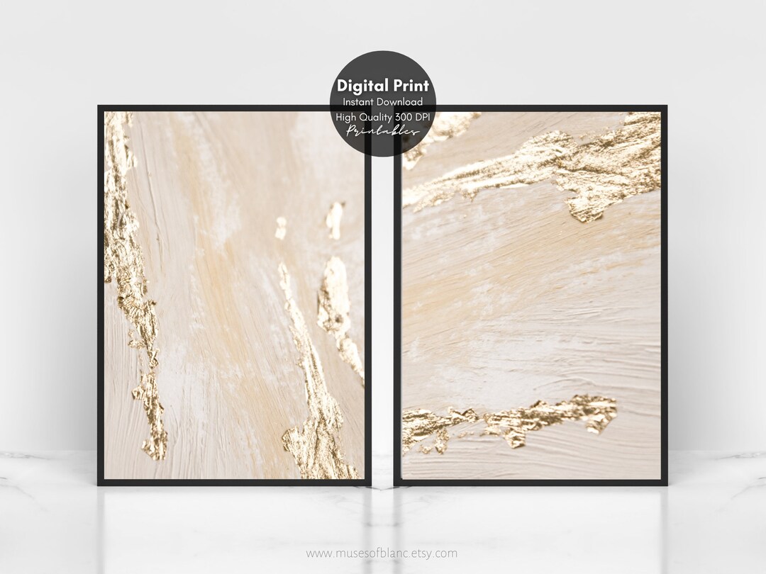 Set of 2 Gold & Beige Neutral Tones Minimalist Abstract Paint Prints ...