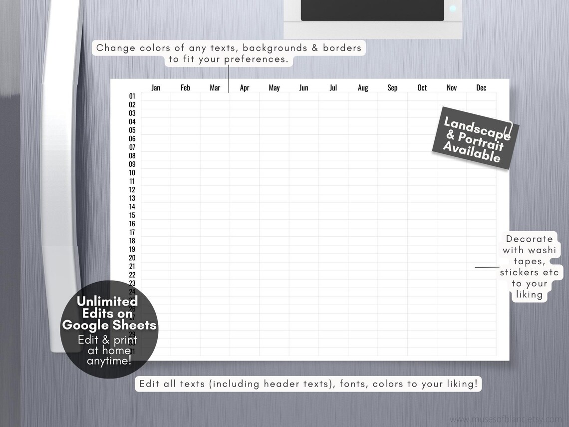 Editable Forever Calendar Template, Perpetual Calendar Reusable, Google ...