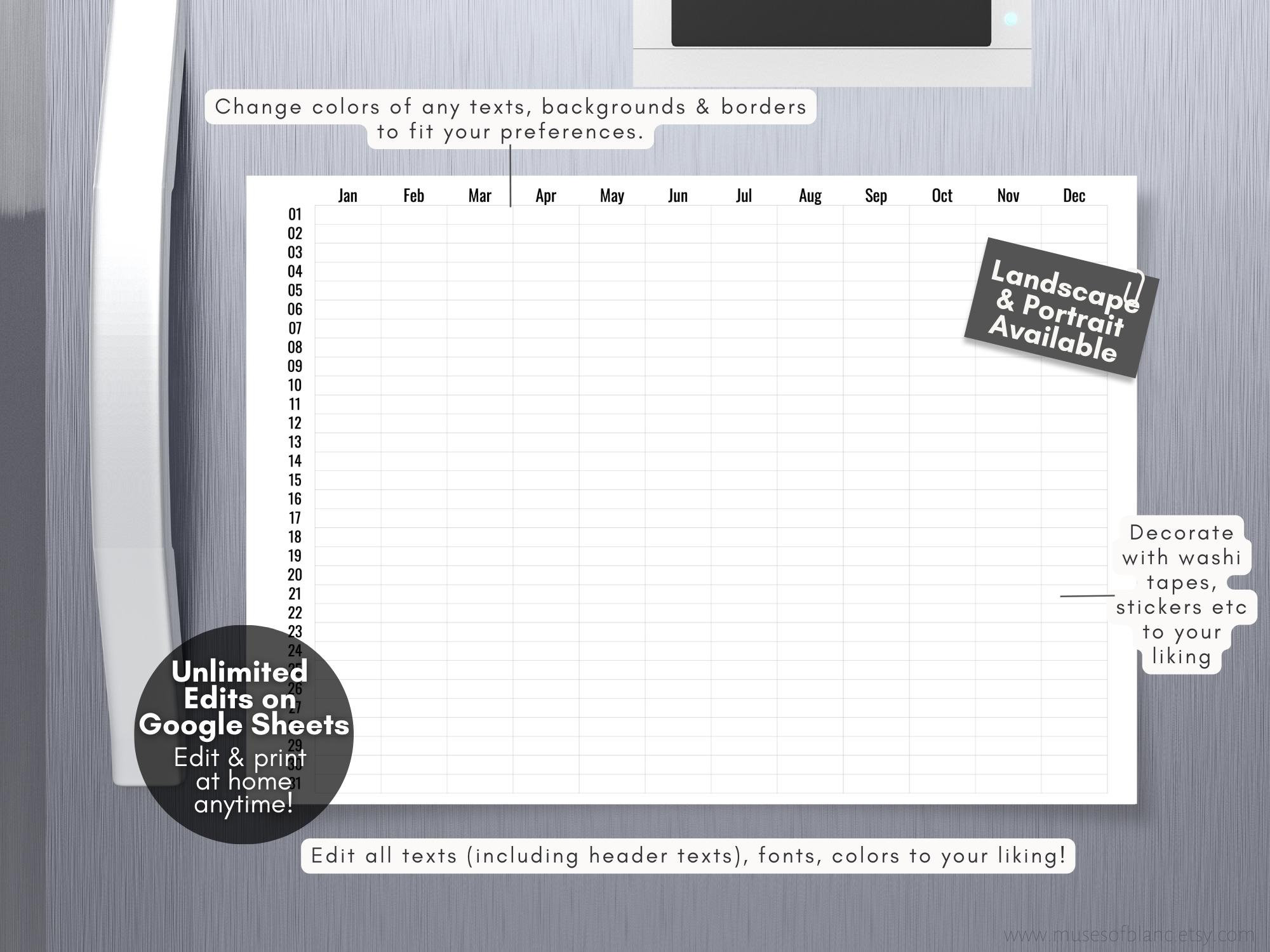 Editable Forever Calendar Template, Perpetual Calendar Reusable, Google ...