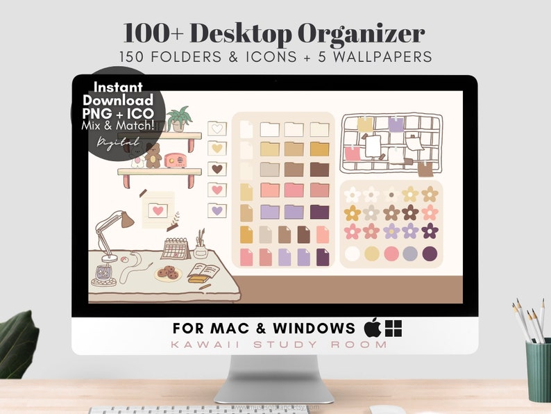 Cute Desktop Folder Icons, Kawaii Study Room Theme, Mac & Windows ...