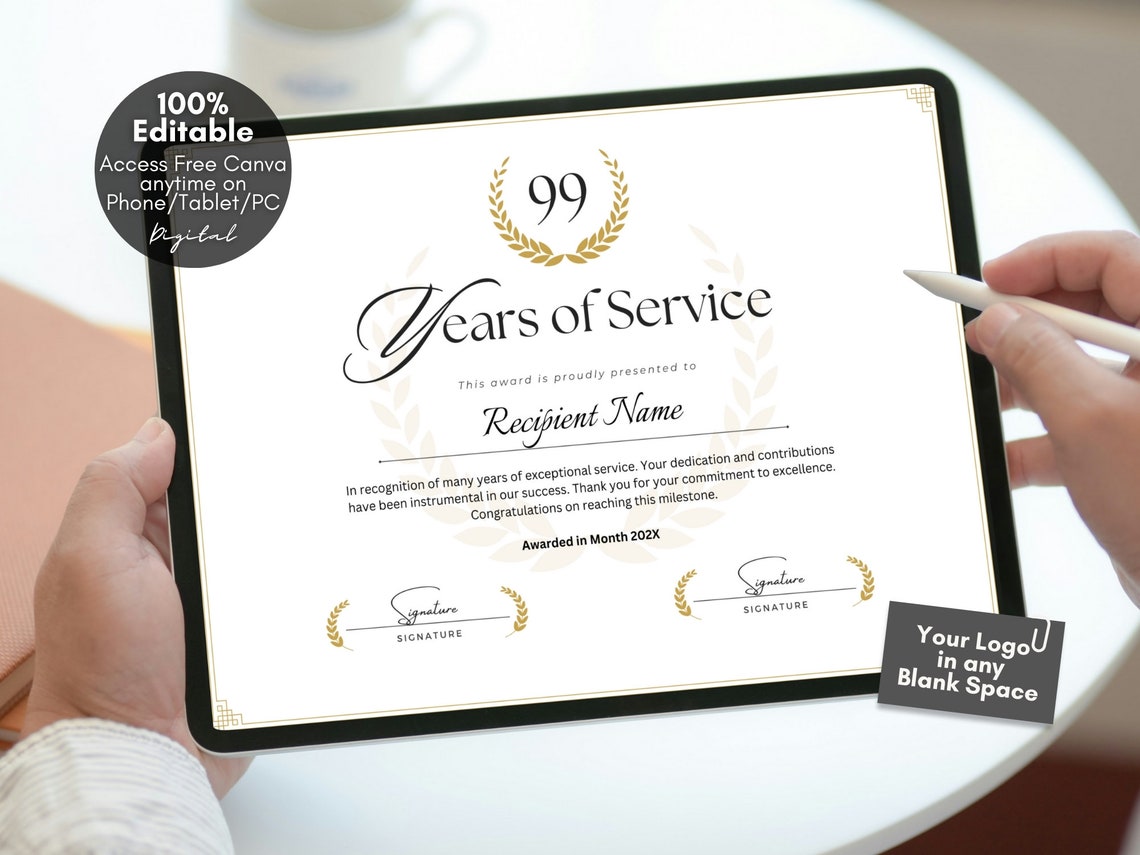 Editable Years of Service Award Certificate, Employee Work Anniversary ...