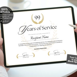 Editable Years of Service Award Certificate, Employee Work Anniversary ...