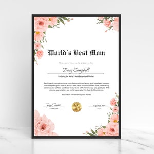 Editable World’s Best Mom Certificate Template, Custom Happy Mother’s ...