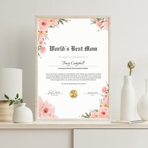 Editable World’s Best Mom Certificate Template, Custom Happy Mother’s ...