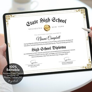 Editable High School Diploma Certificate Template, Printable Diploma ...