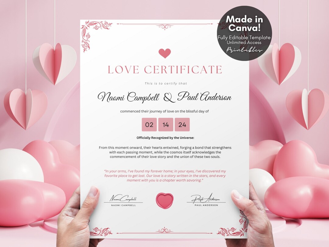 Editable Certificate of Love Couple Gift Keepsake, Personalized ...