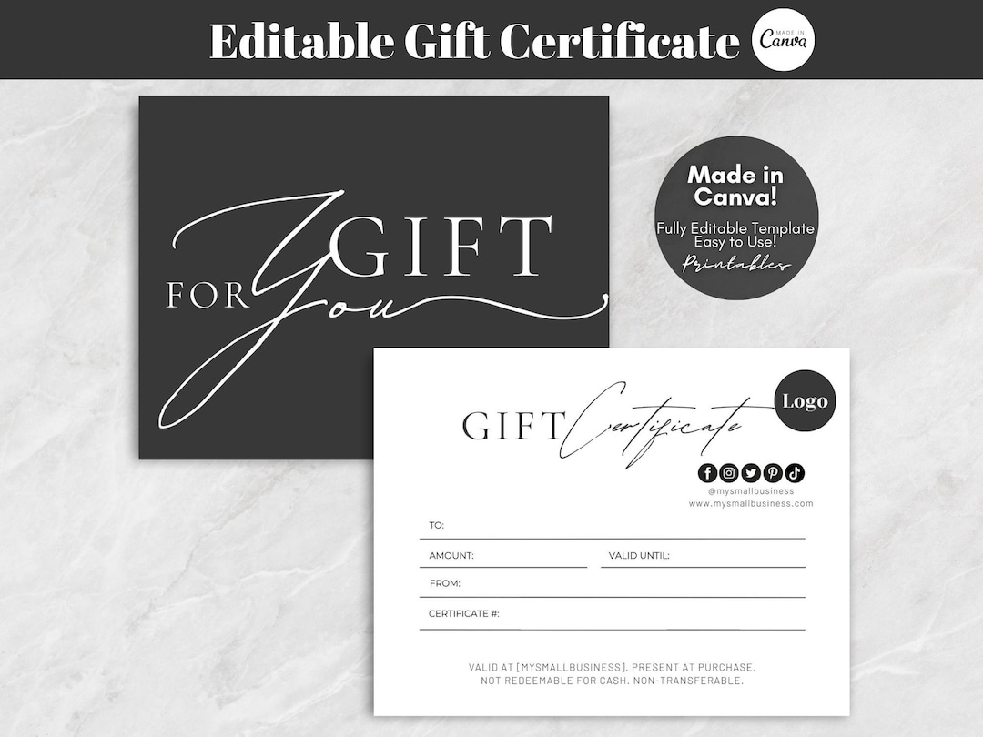 Editable Gift Certificate Template, 2 Sided Gift Card Template Canva ...