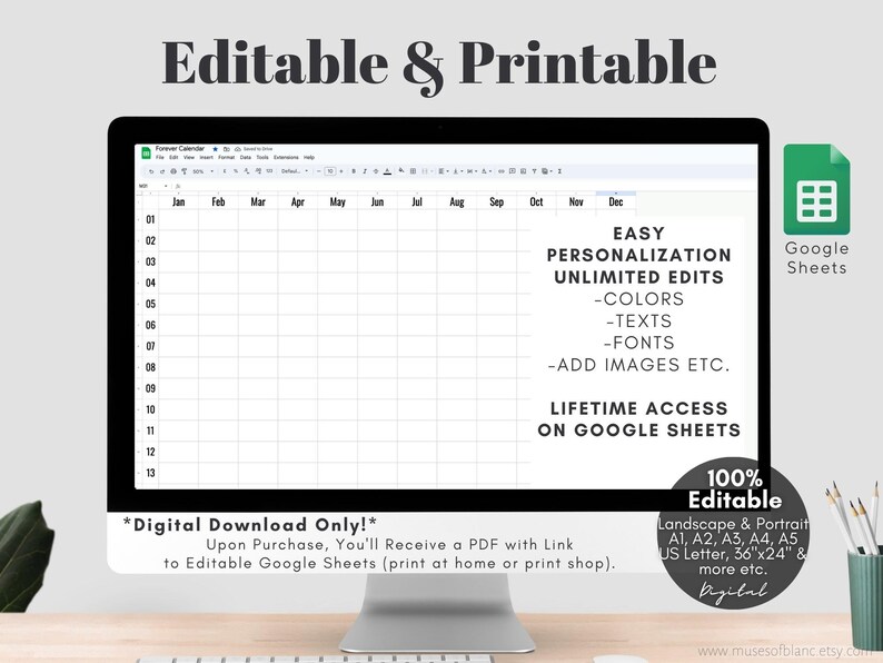 Editable Forever Calendar Template, Perpetual Calendar Reusable, Google ...