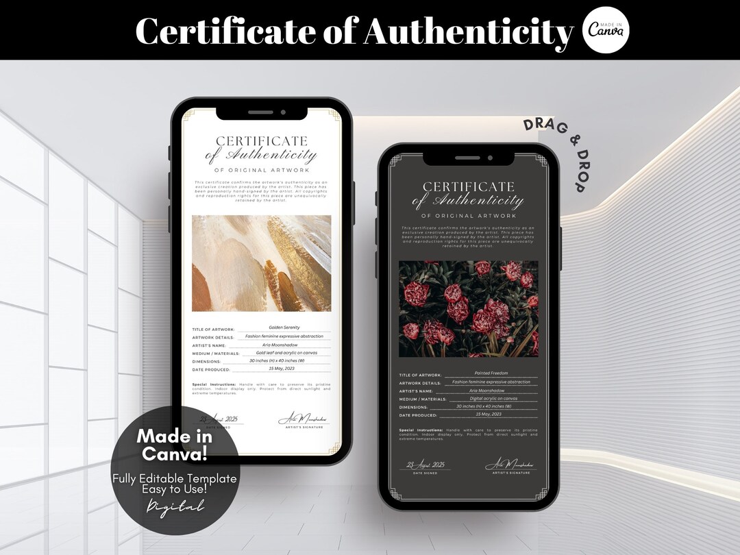Editable Certificate of Authenticity for Artwork Template, Digital ...