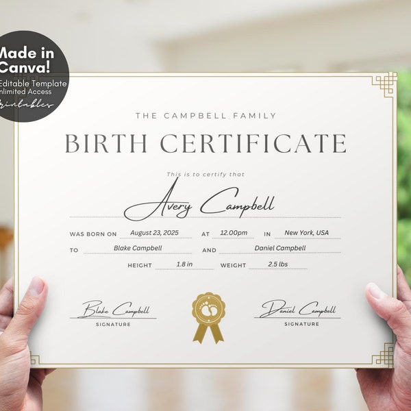 Birth Certificate Template Editable - Etsy
