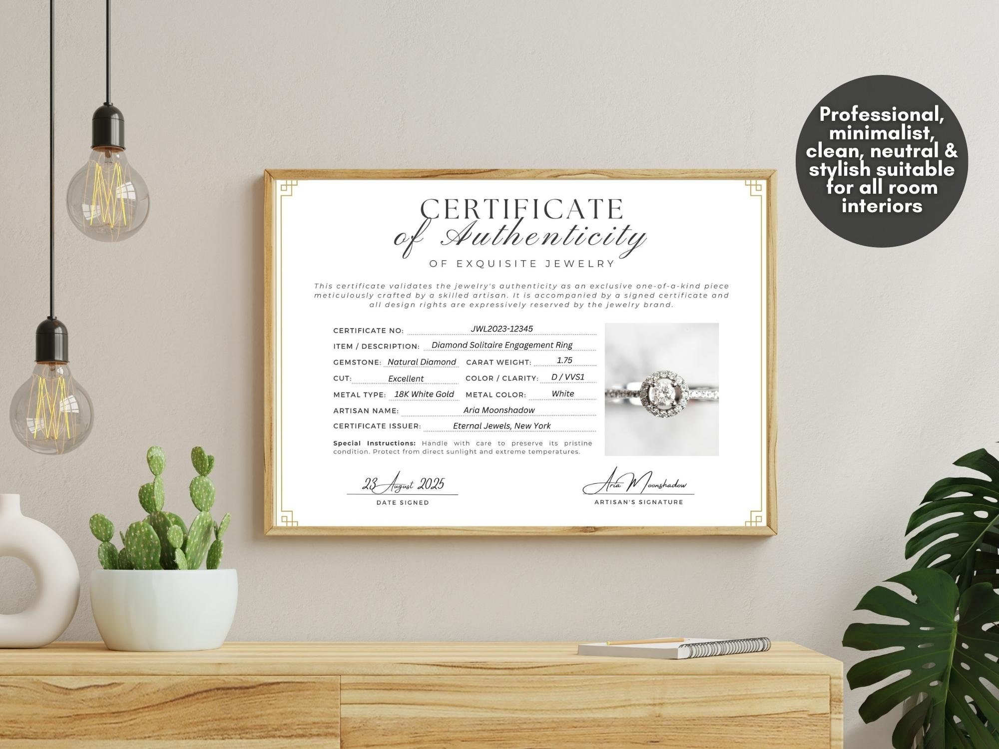 Editable Certificate of Authenticity for Jewelry Template, Printable ...