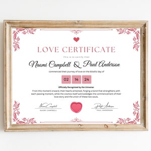 Editable Certificate of Love Couple Gift Keepsake, Personalized ...