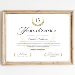 Editable Years of Service Award Certificate, Employee Work Anniversary ...