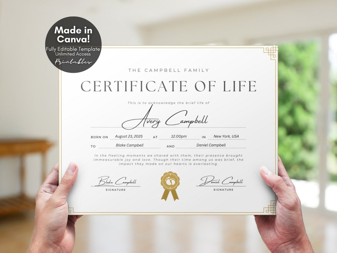 Editable Certificate of Life Baby Memorial Gift, Baby Life Certificate ...