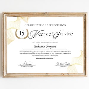 Editable Years of Service Award Certificate, Employee Work Anniversary ...