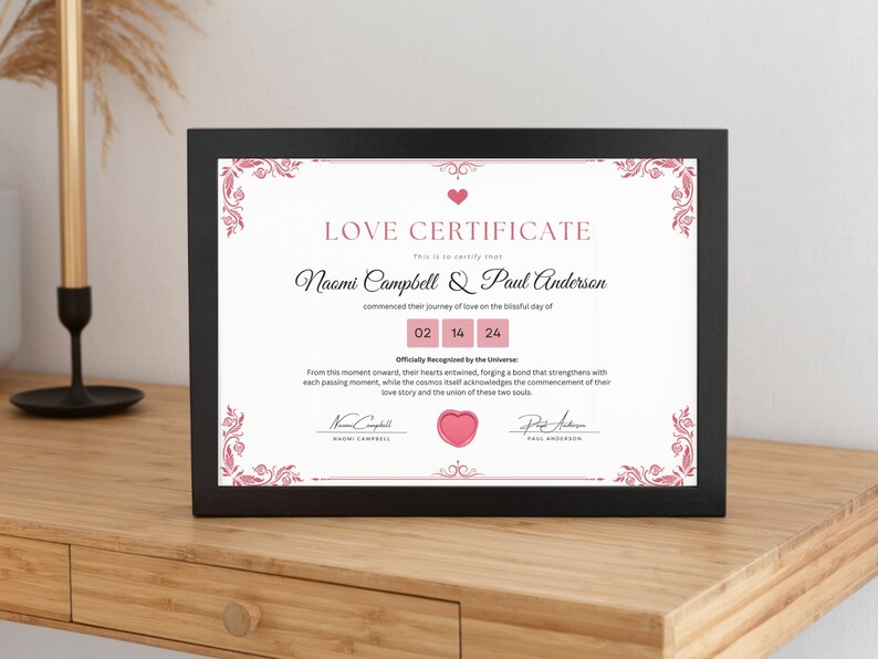 Editable Certificate of Love Couple Gift Keepsake, Personalized ...
