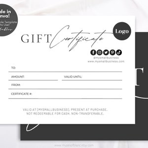 Editable Gift Certificate Template, 2 Sided Gift Card Template Canva ...