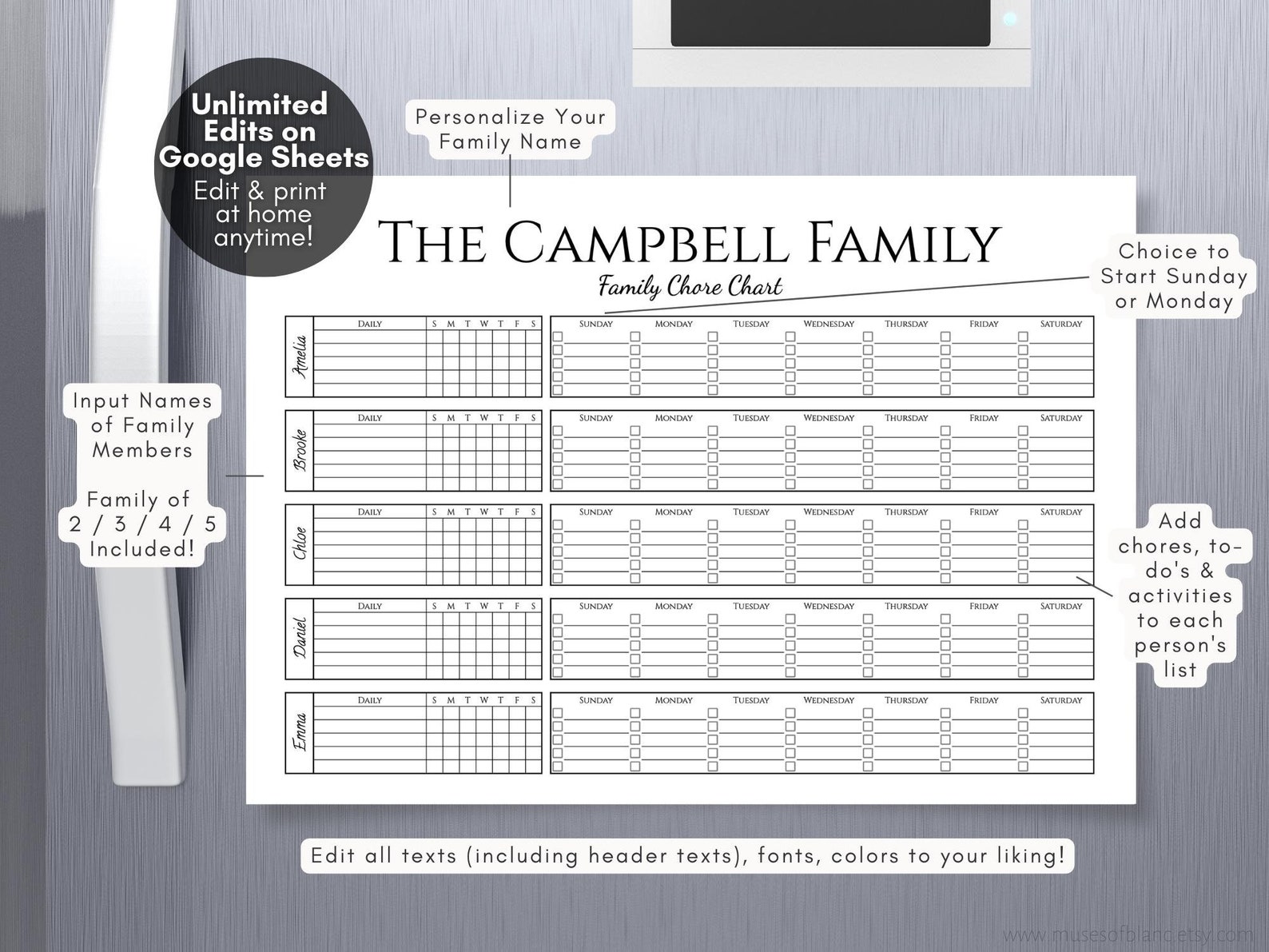 Editable Family Chore Chart Printable, Editable Google Sheets Template ...