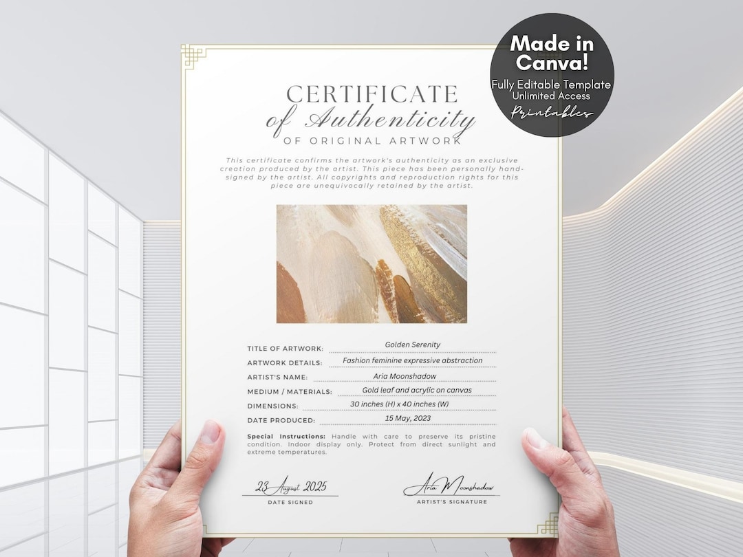 Editable Certificate of Authenticity for Artwork Template, Printable ...