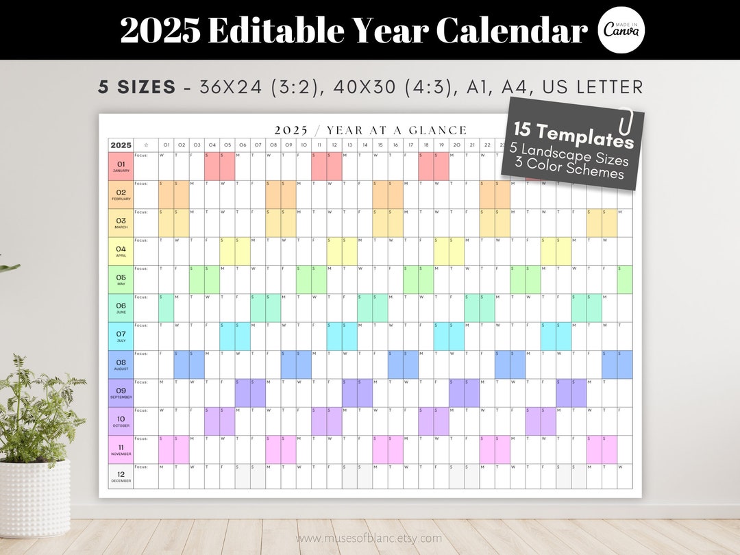 Editable 2025 Calendar Printable Year Planner, Year at a Glance 2025 ...