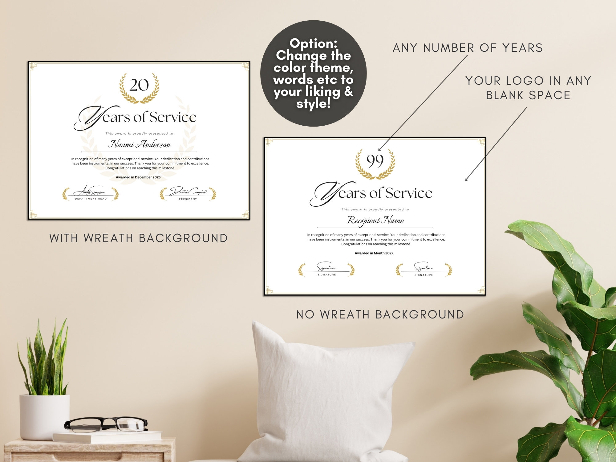 Editable Years of Service Award Certificate, Employee Work Anniversary ...