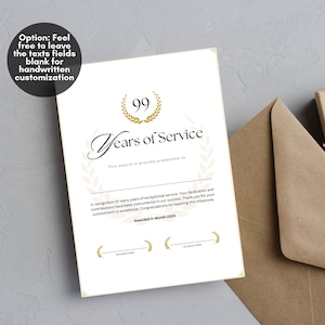 Editable Years of Service Award Certificate, Employee Work Anniversary ...