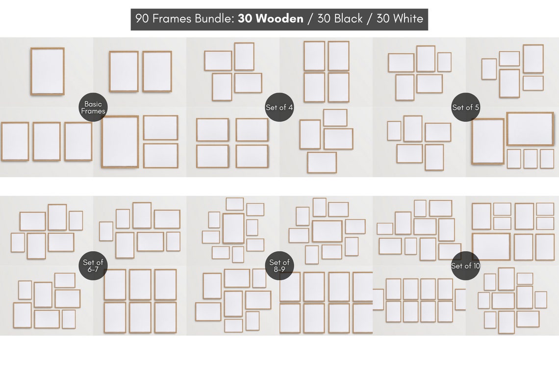 90 Frames Mockup Bundle, Black Frames, White Frames, Wooden Gallery ...